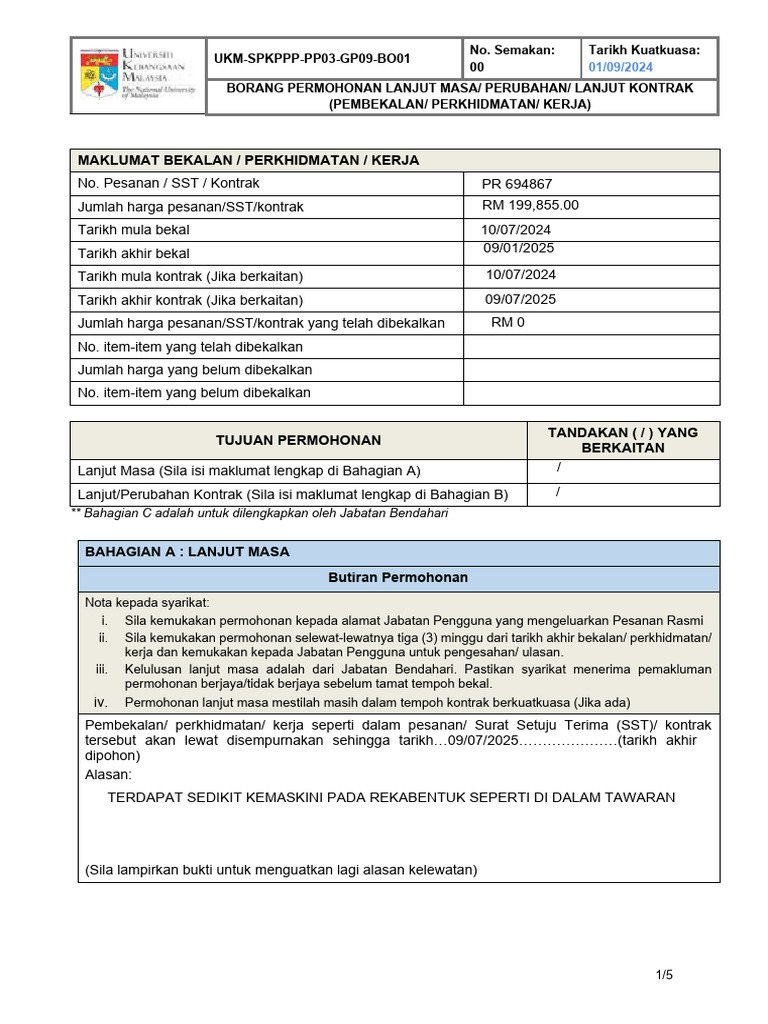 UKM-SPKPPP-PP03-GP09-BO01 Borang Permohonan Lanjut Masa Atau Perubahan Lanjut Kontrak ...
