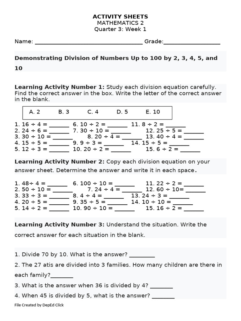 MATHEMATICS 2 Activity Sheet Q3 W2 | PDF