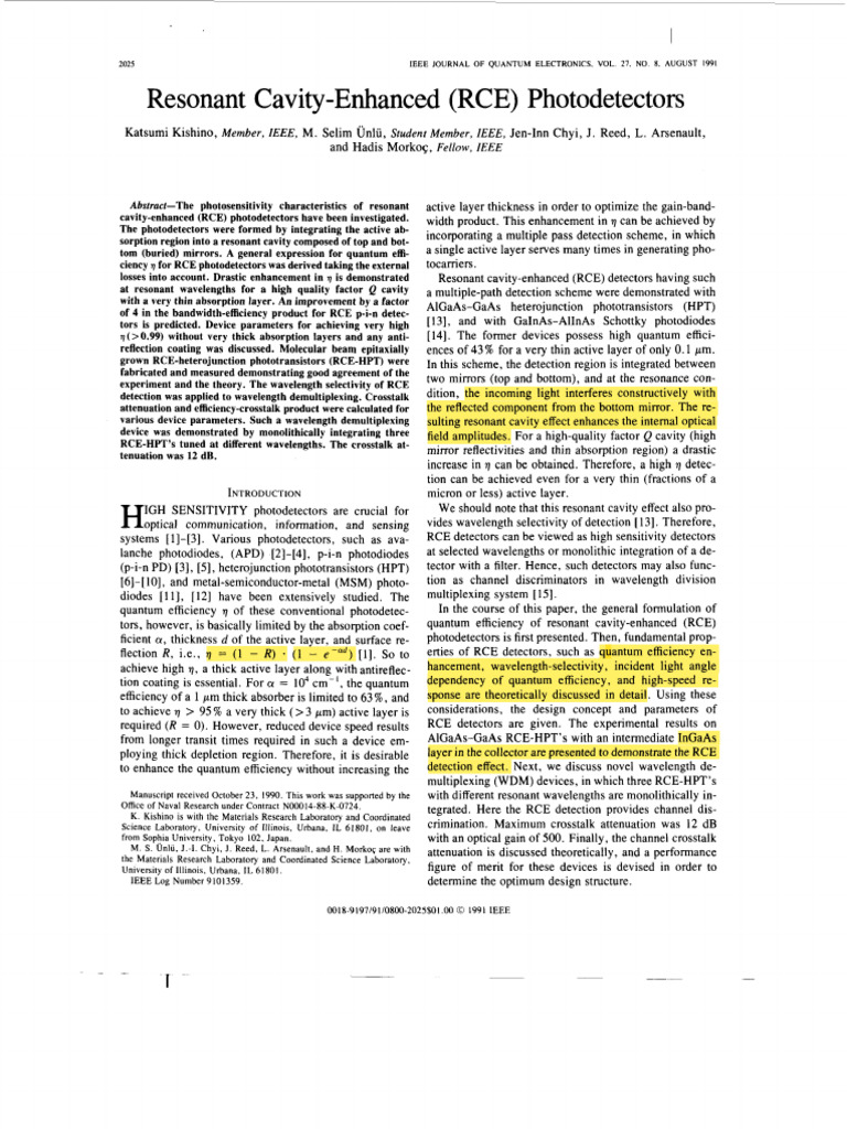 Resonant Cavity-Enhanced RCE Photodetectors | PDF | Refractive Index ...