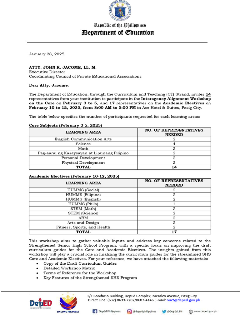COCOPEA Invite DepEd Interagency Workshop | PDF | Curriculum | Learning