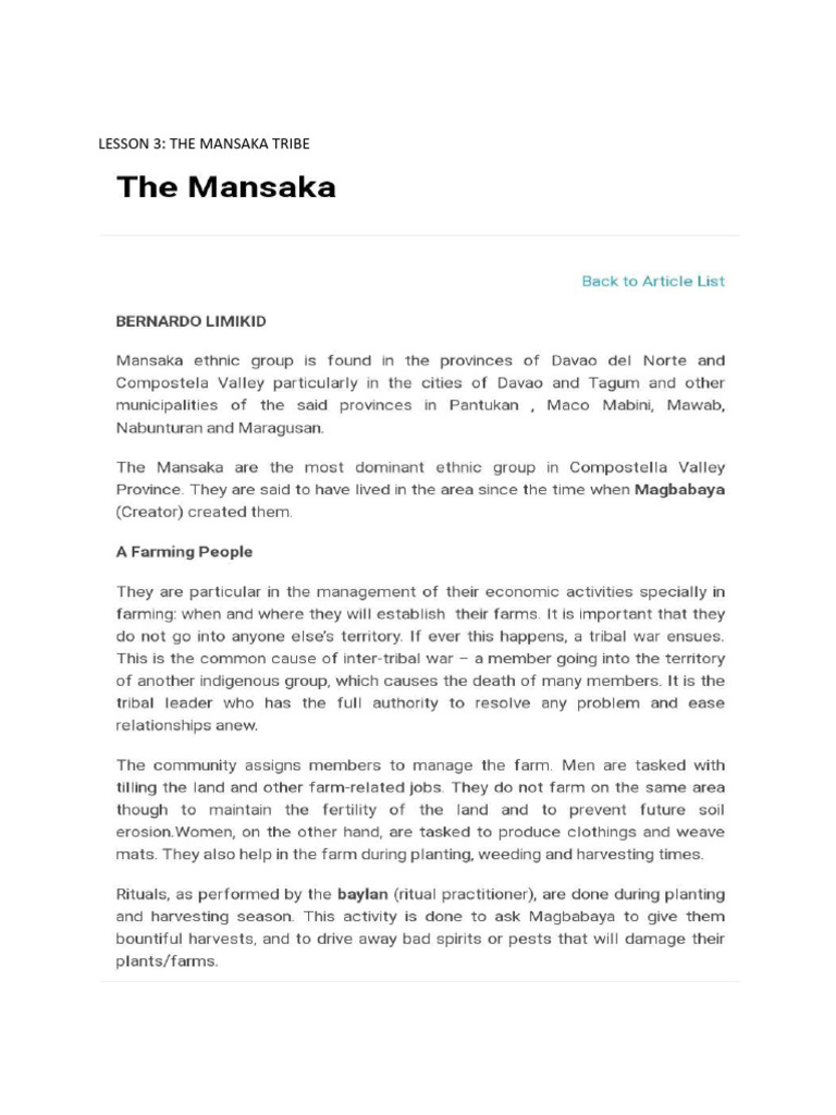 LHG Lesson 4 The Mansaka Tribe | PDF