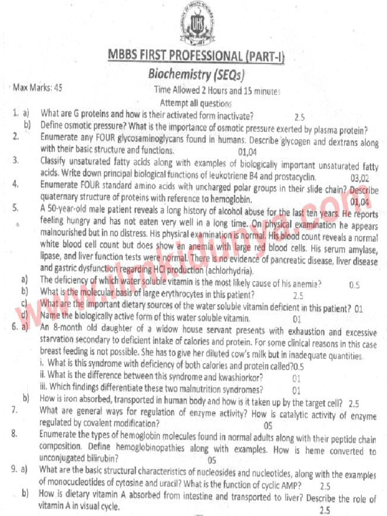 UHS Past Papers MBBS Part 1 Biochemistry 2012 | PDF