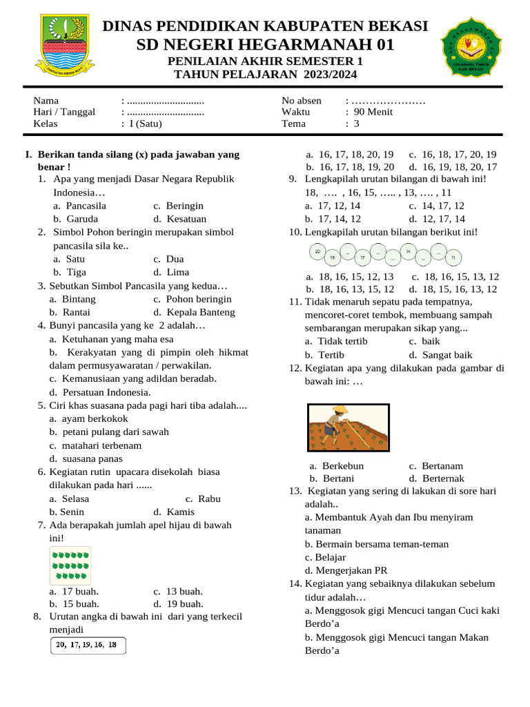 Soal & Jawaban Pas Kls 1 Tema 3 | PDF