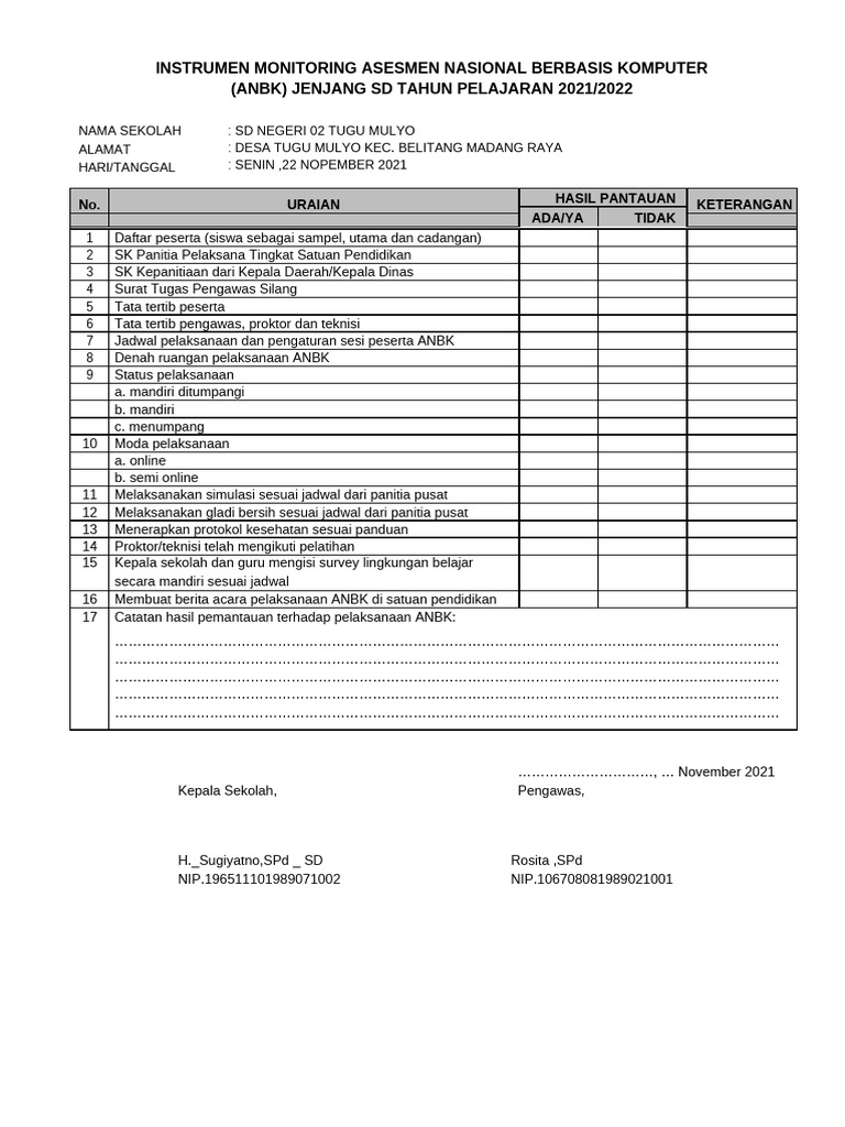 Instrumen Monitoring Anbk | PDF