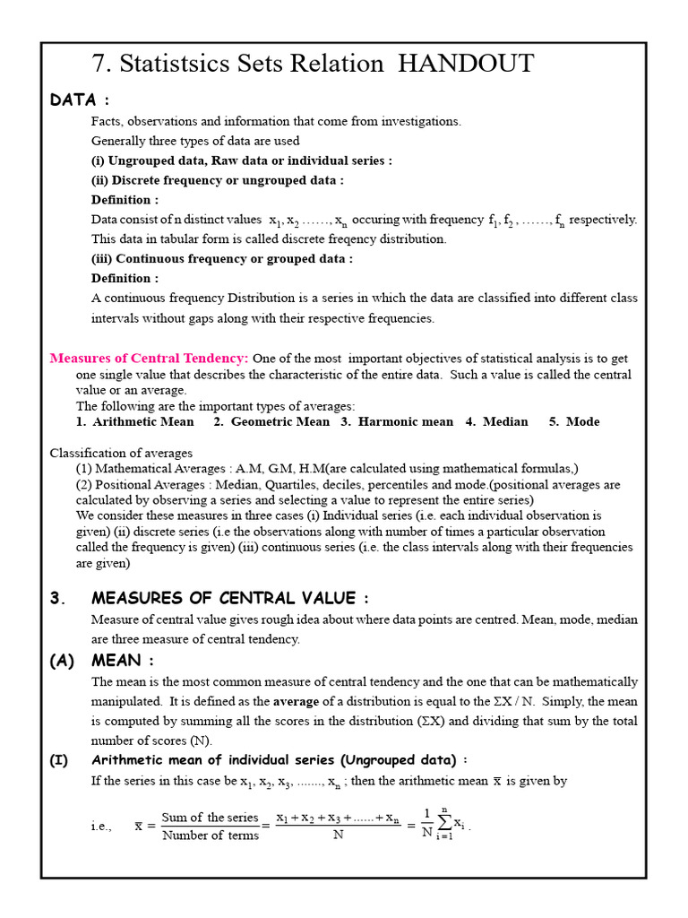 7 Statistics Sets Relation Handout | PDF | Mode (Statistics) | Median