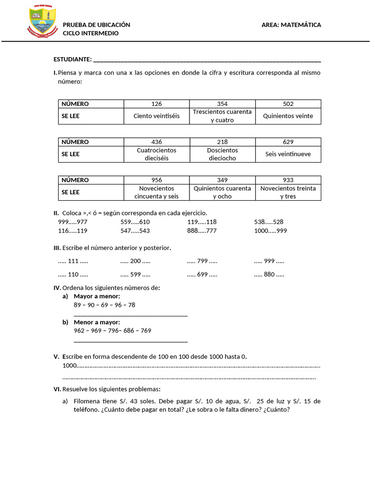 Prueba Matemática Ciclo Intermedio | PDF