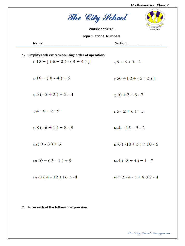 Class 7 Rational Numbers Worksheet | PDF