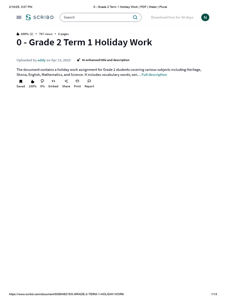 0 - Grade 2 Term 1 Holiday Work - PDF - Water - Plural | PDF | Scribd ...