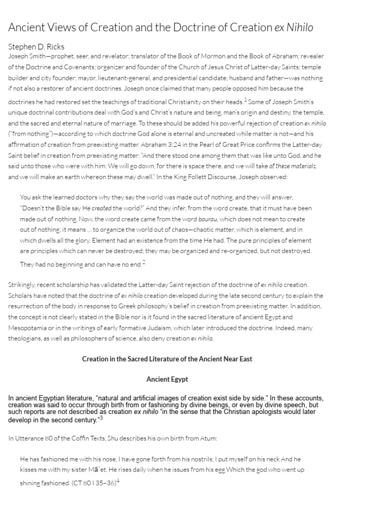 Ancient Views of Creation and The Doctrine of Creation Ex Nihilo | PDF ...