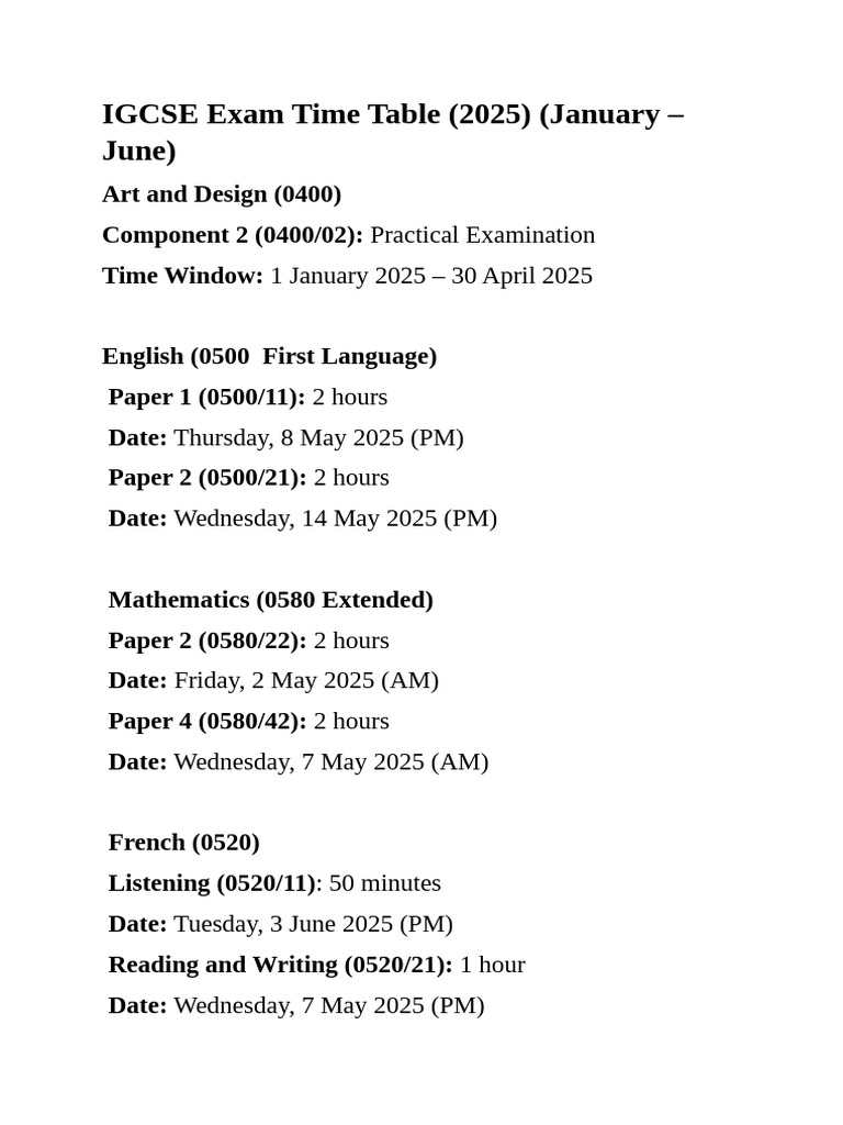 IGCSE 2025 Exam Schedule | PDF