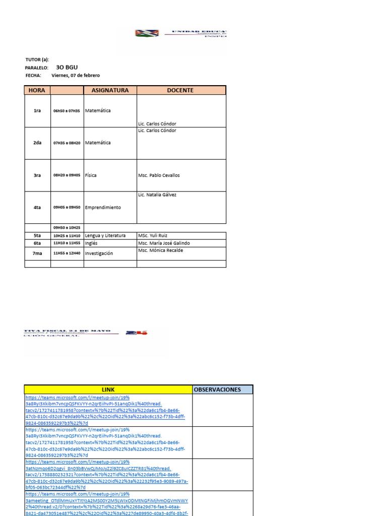 Links Clases Virtuales 3ro Bachillerato - XLSX - 3o Bgu | PDF