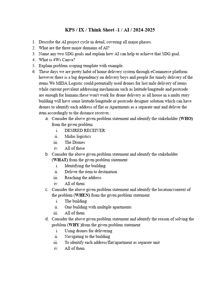 KPS _ IX _ Think Sheet -1 _ AI _ 2024-2025 | PDF