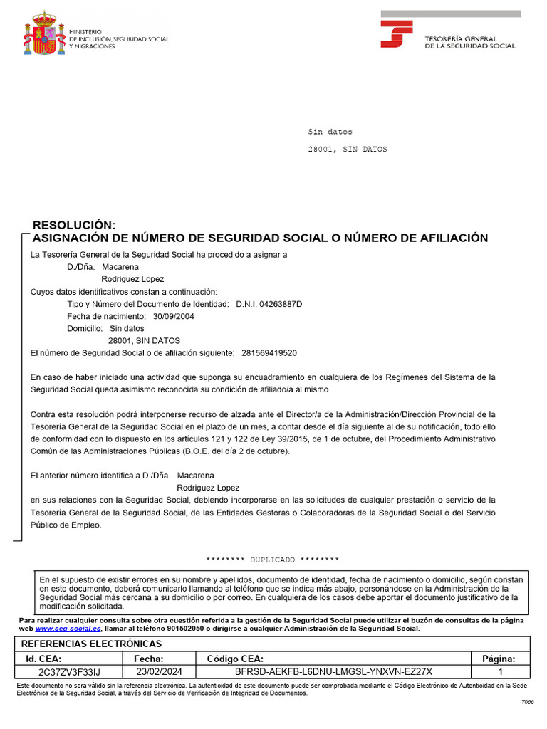 Numero de Afiliacion A La Seguridad Social. Resolucion | PDF