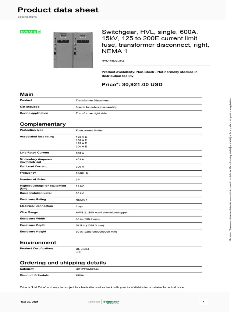 Schneider Electric_HVL-Switchgear_HVL415DEGR2 | PDF | Fuse (Electrical) | Transformer