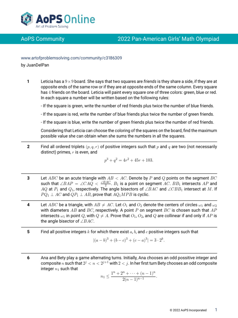 2022 Pan-Am Girls' Math Olympiad Problems | PDF | Mathematics ...