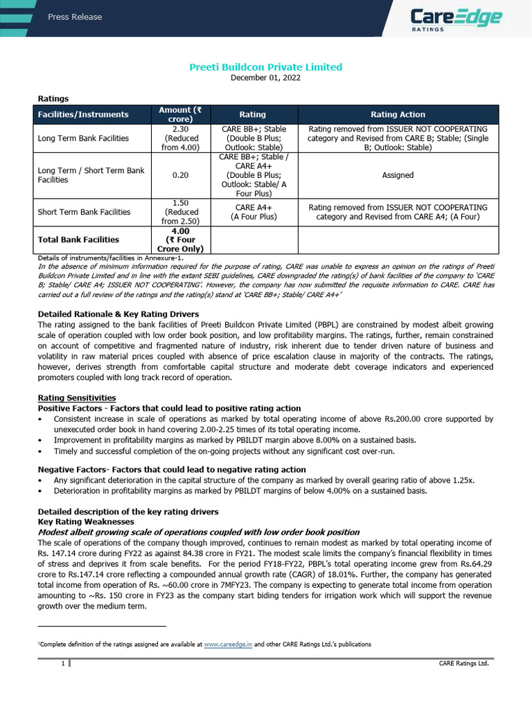 Preeti Buildcon Credit Rating Update | PDF | Capital Structure | Debt