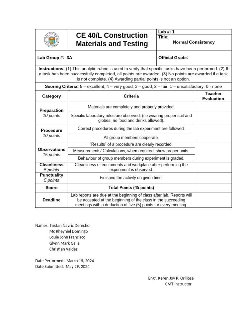 Lab 1 - Normal Consistency | PDF | Cement