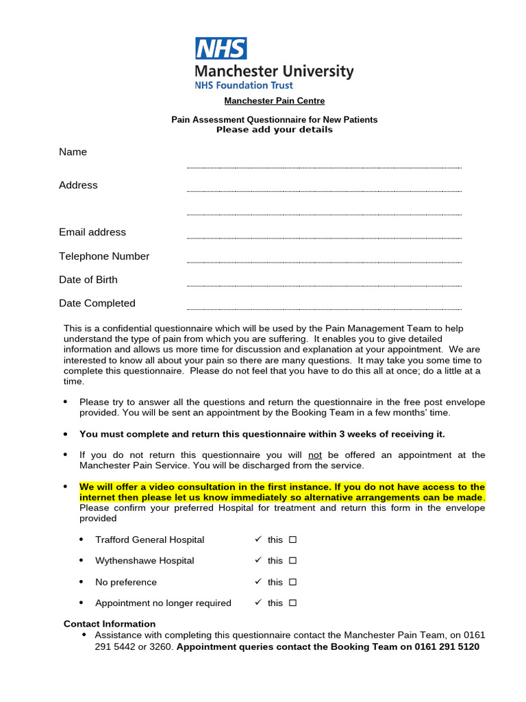 Pain Assessment Questionnaire for Patients | PDF | Pain | Medicine