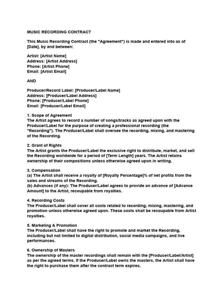 Music Recording Contract Template | PDF | Breach Of Contract | Indemnity