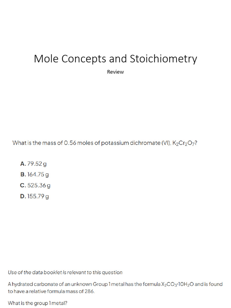 Mole Concepts and Stoichiometry Review | PDF