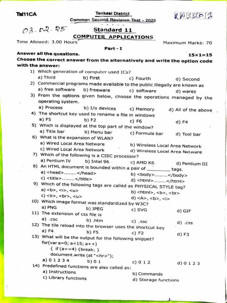 11th Computer Application Exam Paper 2025 | PDF | Computer Science ...