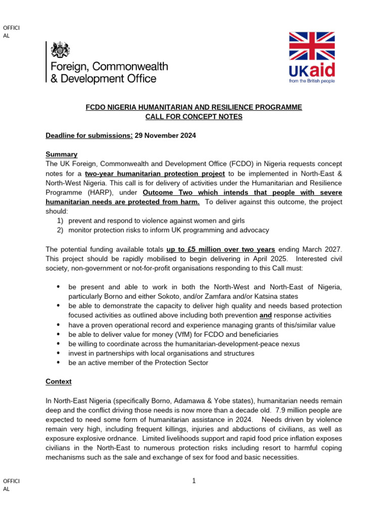 FCDO Nigeria Humanitarian Project Call | PDF | Violence | Food Security