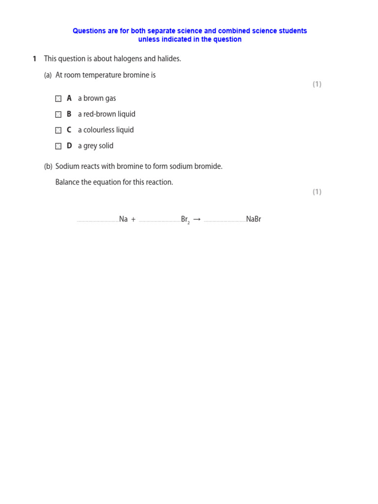 Group 7 (Halogens) - Chlorine, Bromine, Iodine QP | PDF | Iodine | Materials
