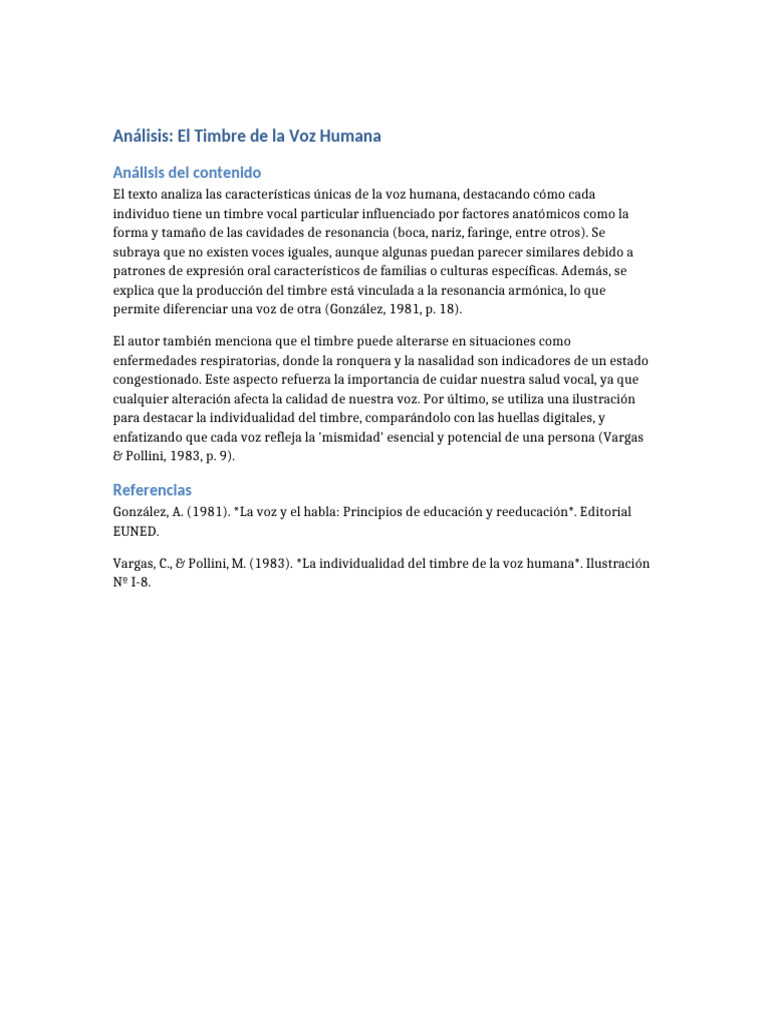 Características del Timbre Vocal Humano | PDF