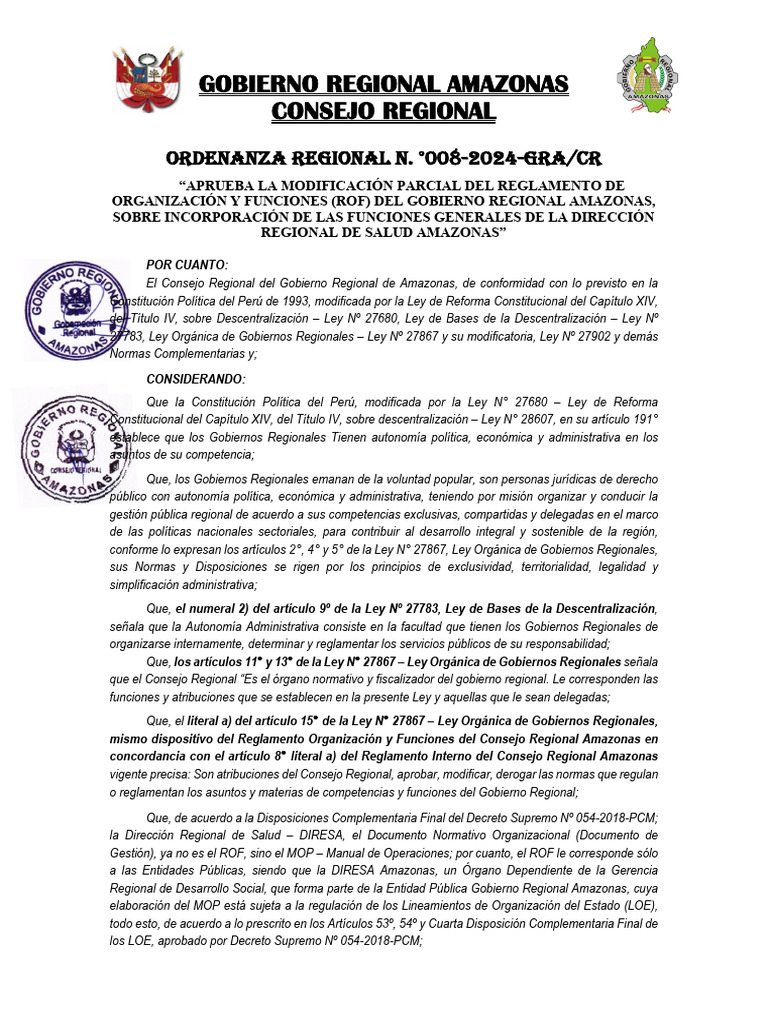 Ordenanza Regional N 008 2024 Rof Diresa | PDF | Regulación | Constitución