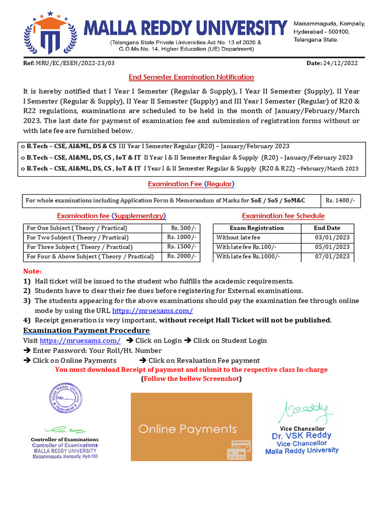 End Semester Exam Notification 2023 | PDF