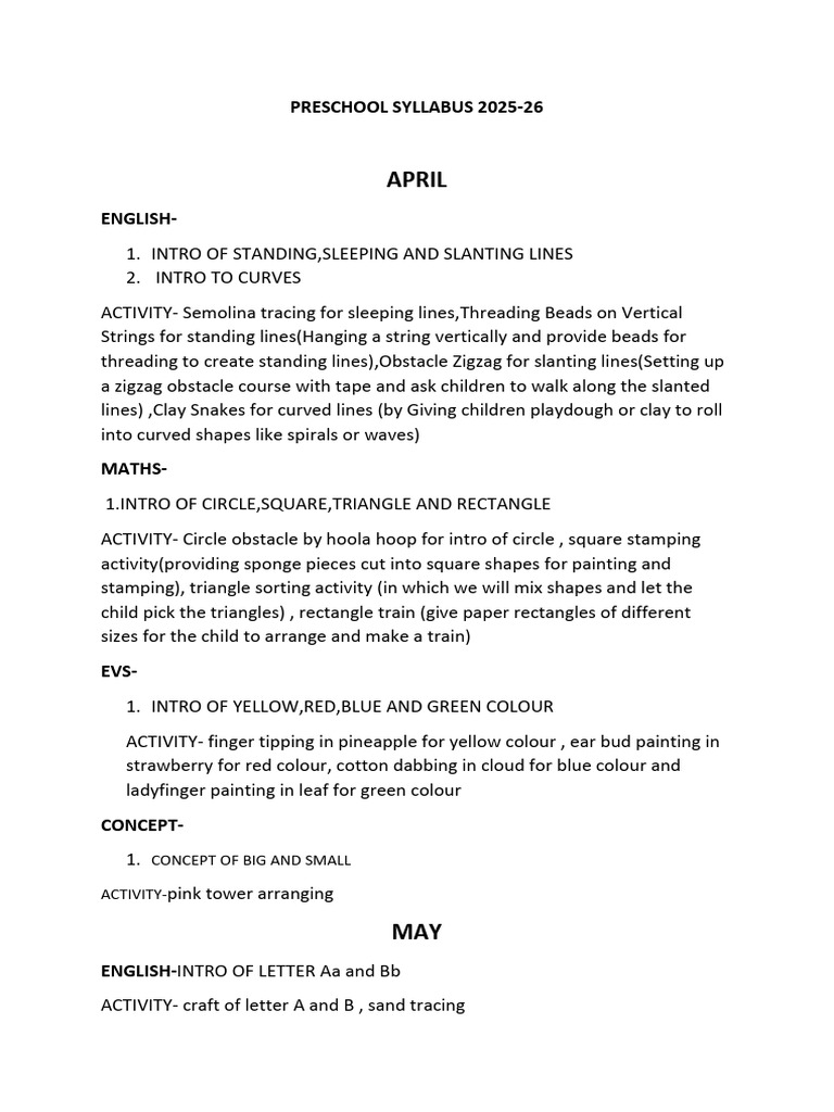 Preschool Syllabus 2025 Final 2025-26 | PDF | Taste | Traffic Light