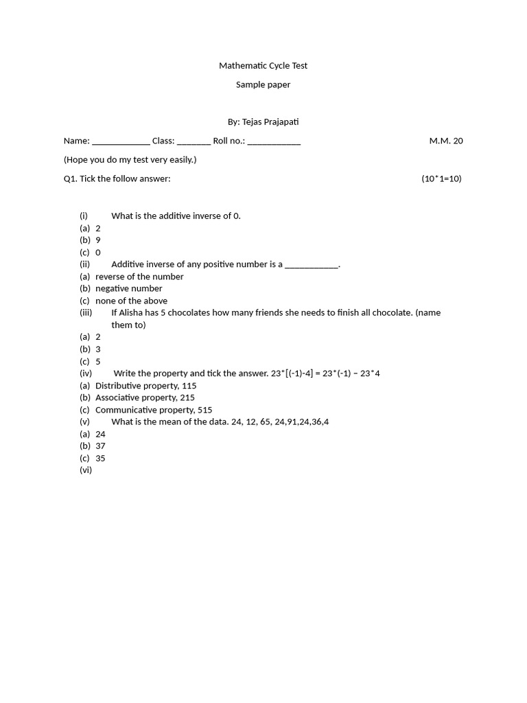 Mathematic Cycle Test Sample Paper | PDF
