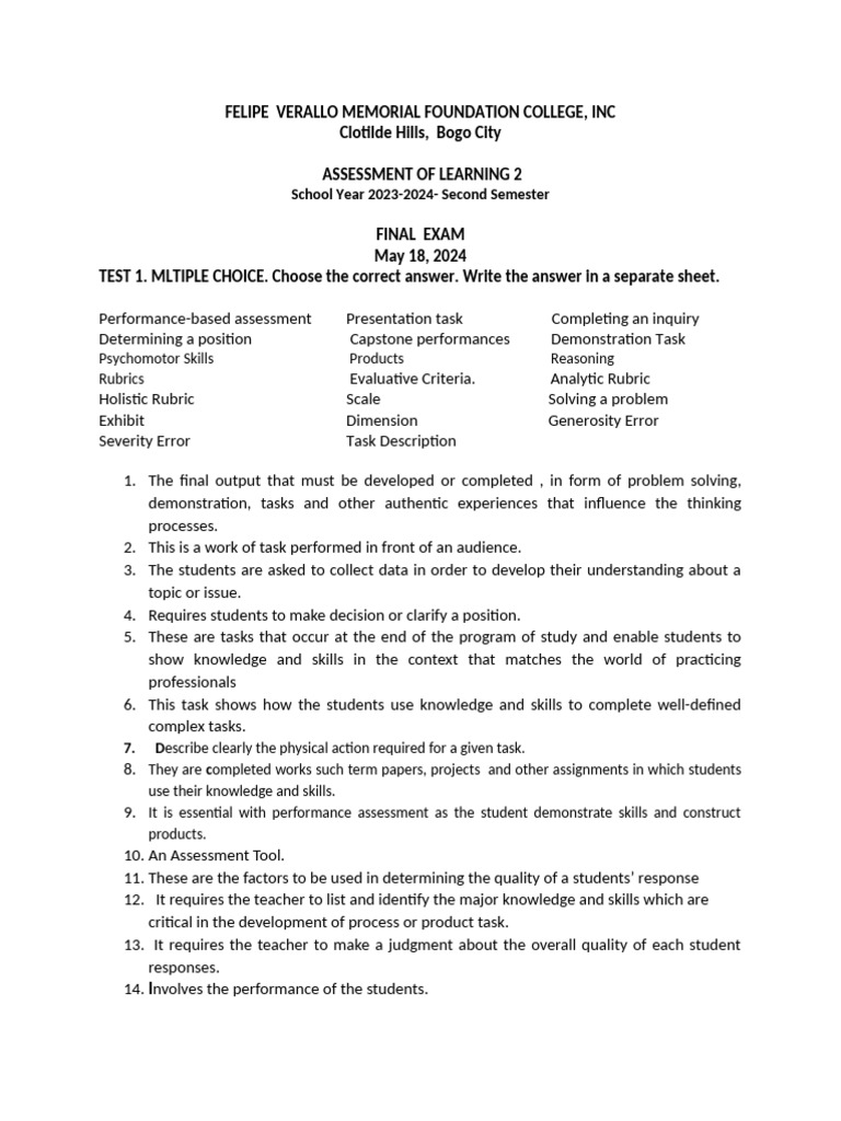 Final Exam Assessment of Learning 2ND Sem Sy 2023 2024 | PDF ...
