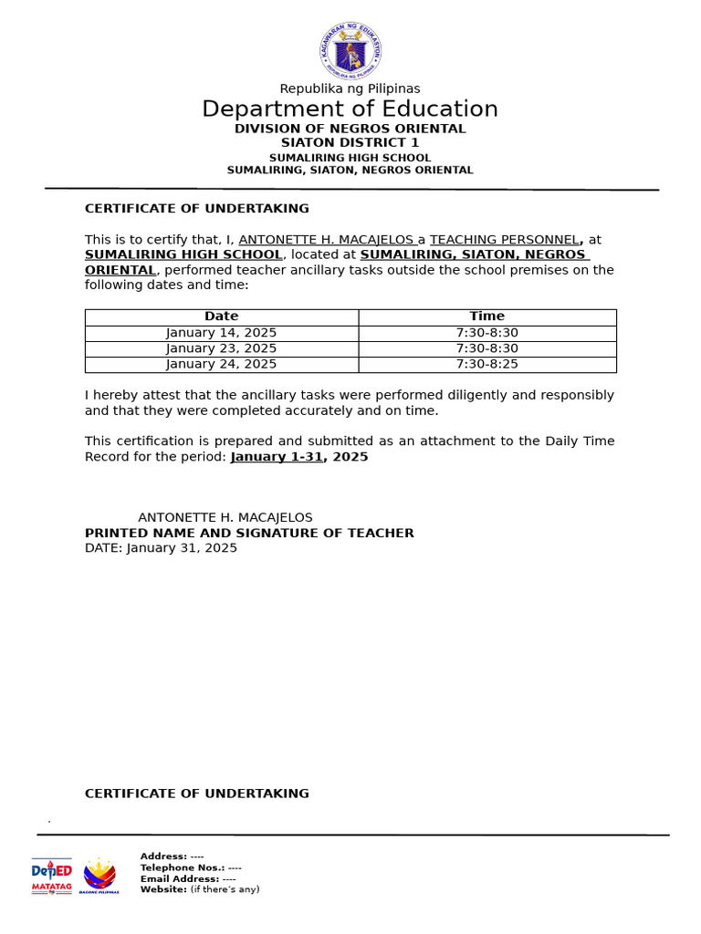 01-Certificate-of-Undertaking - MACAJELOS | PDF