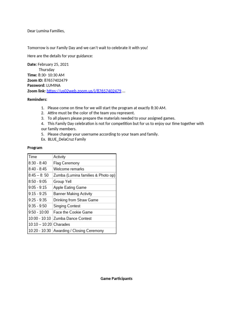 Family Day Letter - Details | PDF