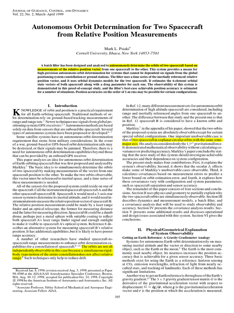 1999 Autonomous Orbit Determination For Two Spacecraft From Relative