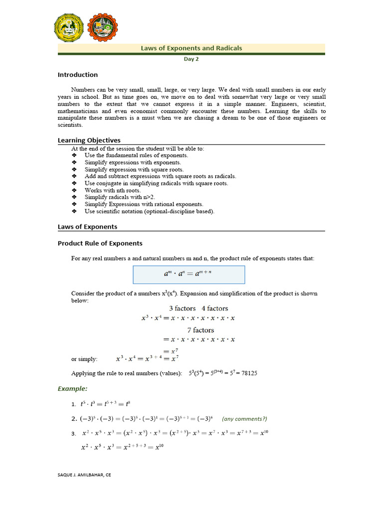 02 Day2 Algebra Bridging | PDF | Exponentiation | Square Root