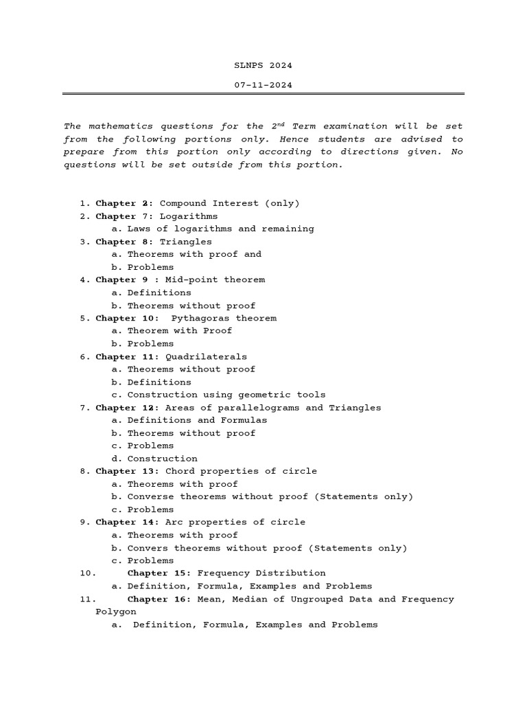 2nd Term 9th Class Maths Portion | PDF