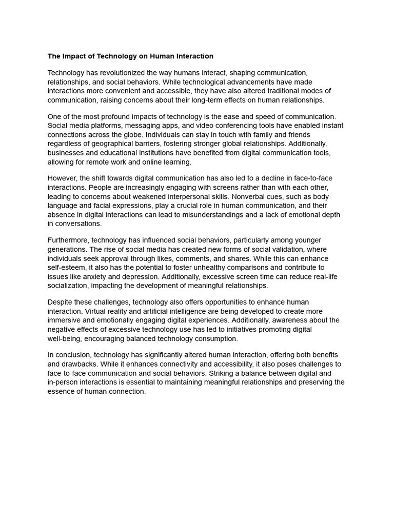 Technology's Impact on Human Interaction | PDF | Communication ...