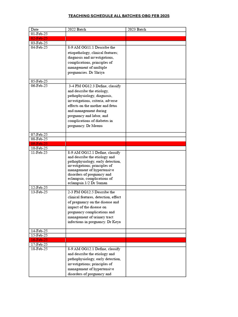 Teaching Schedule All Batches Obg Feb 2025 | PDF | Pregnancy ...