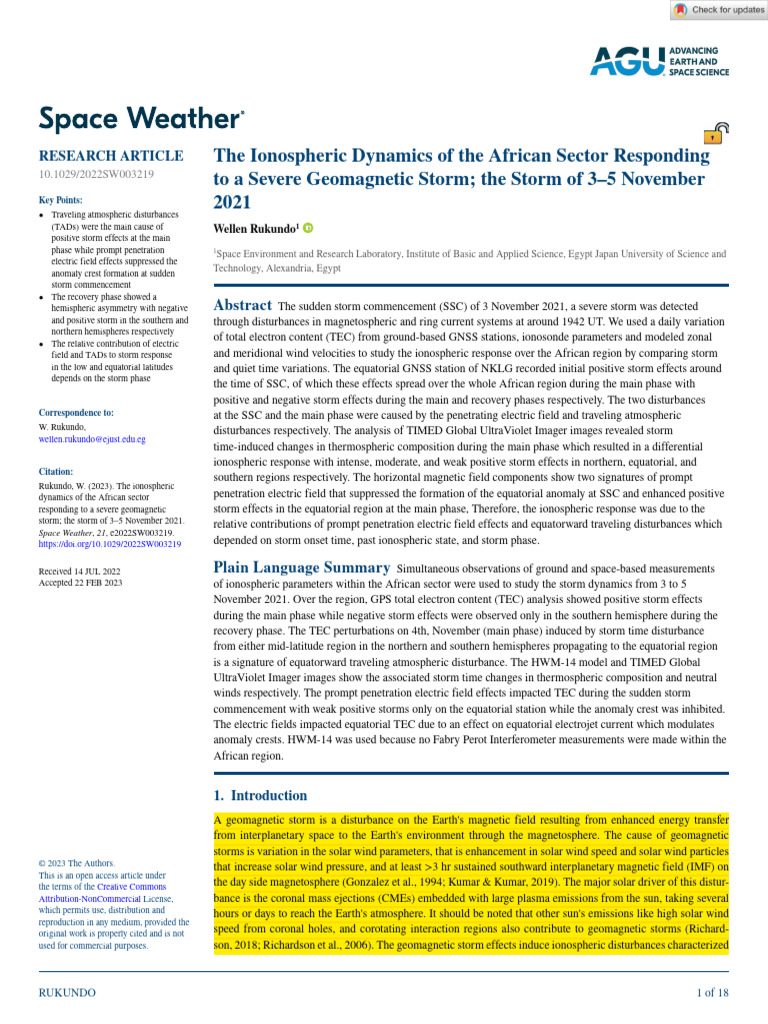 Space Weather - 2023 - Rukundo - The Ionospheric Dynamics of the African Sector Responding to a ...