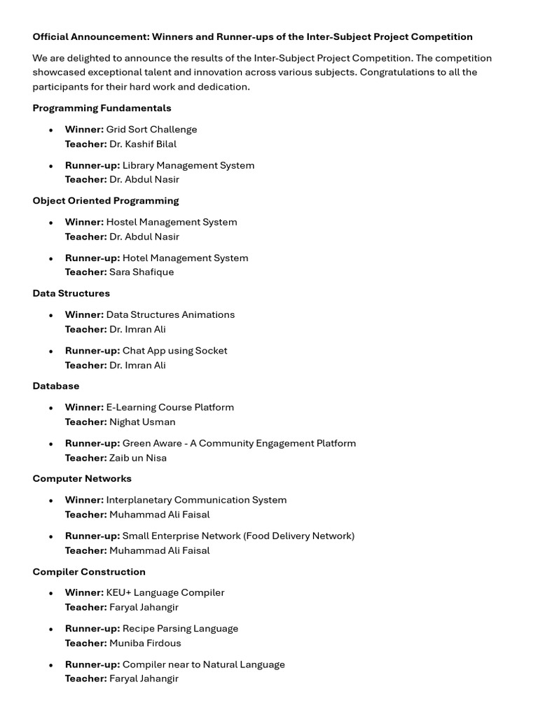 Inter-Subject Project Competition Results | PDF