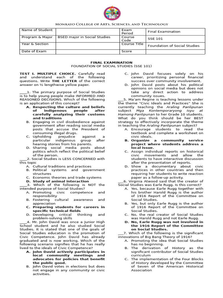 FSS FINAL TQ (With Answer Key) | PDF | Curriculum | Teachers