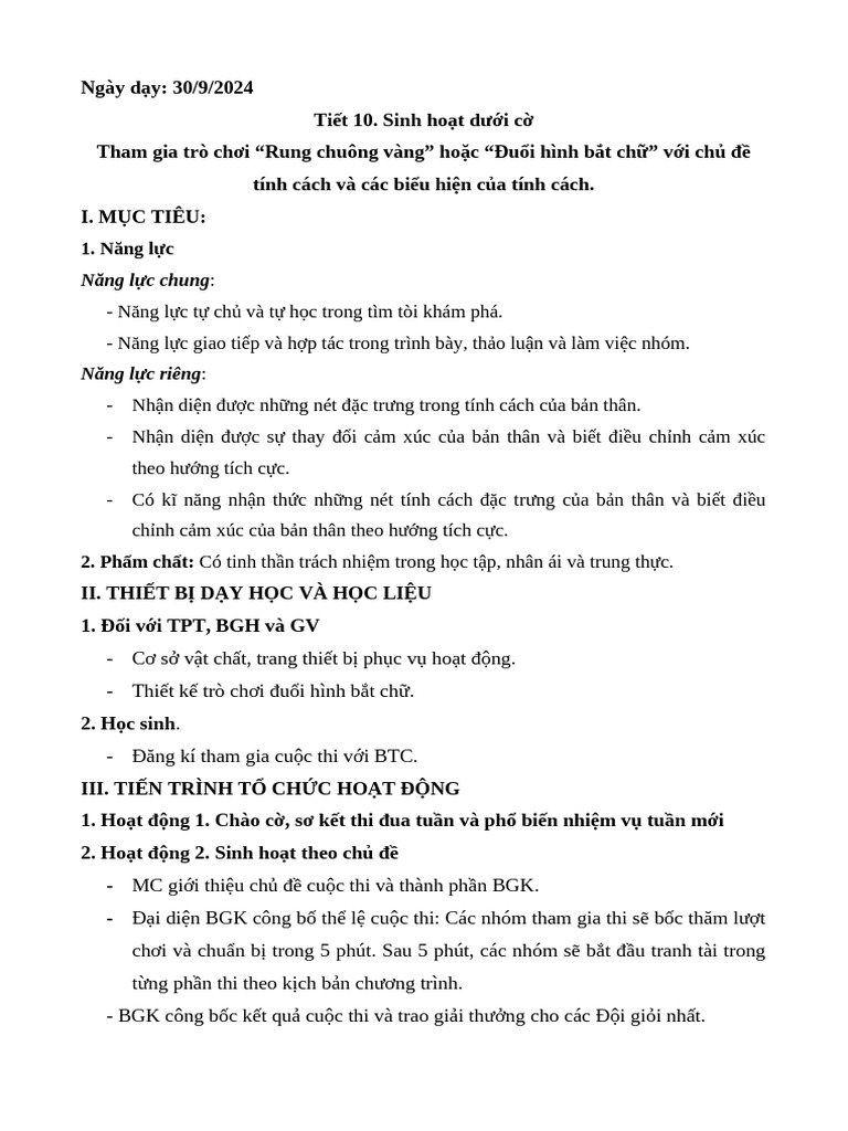 Tiết 10 SHDC Tham Gia Trò Chơi Rung Chuông Vàng Hoặc Đuổi Hình Bắt Chữ | PDF