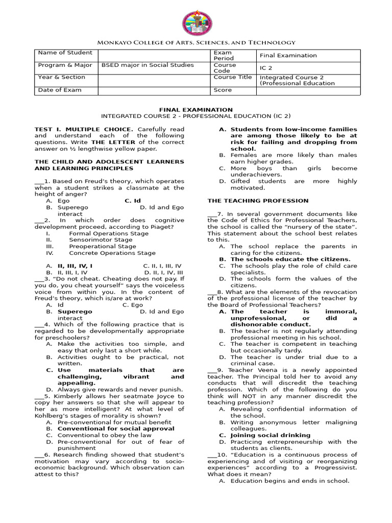 IC 2 FINAL TQ (With Answer Key) | PDF | Educational Assessment | Curriculum