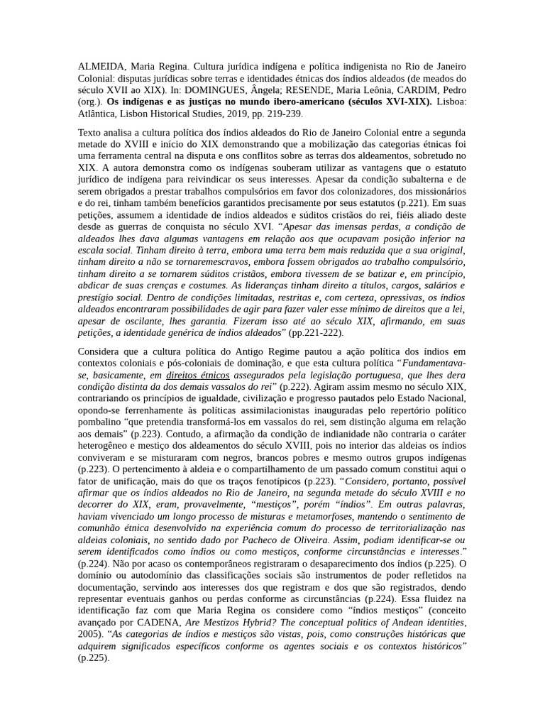 ALMEIDA, Maria Regina. Cultura Jurídica Indígena e Política Indigenista ...