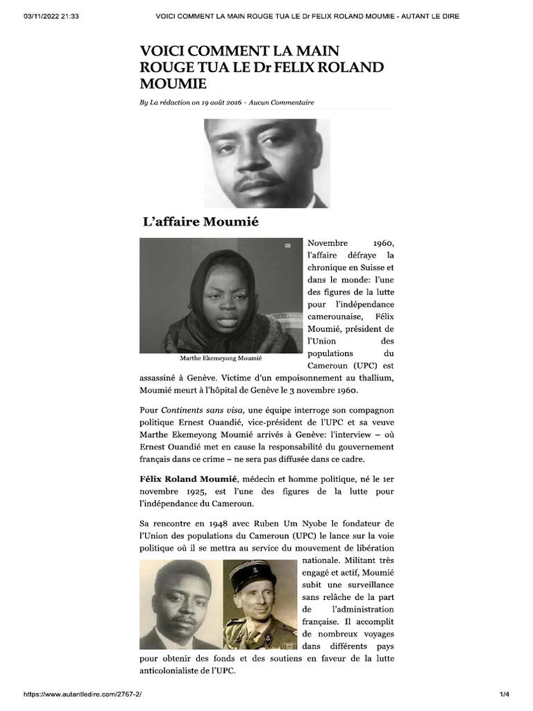 Voici Comment La Main Rouge Tua Le Dr Felix Roland Moumie - Autant Le ...