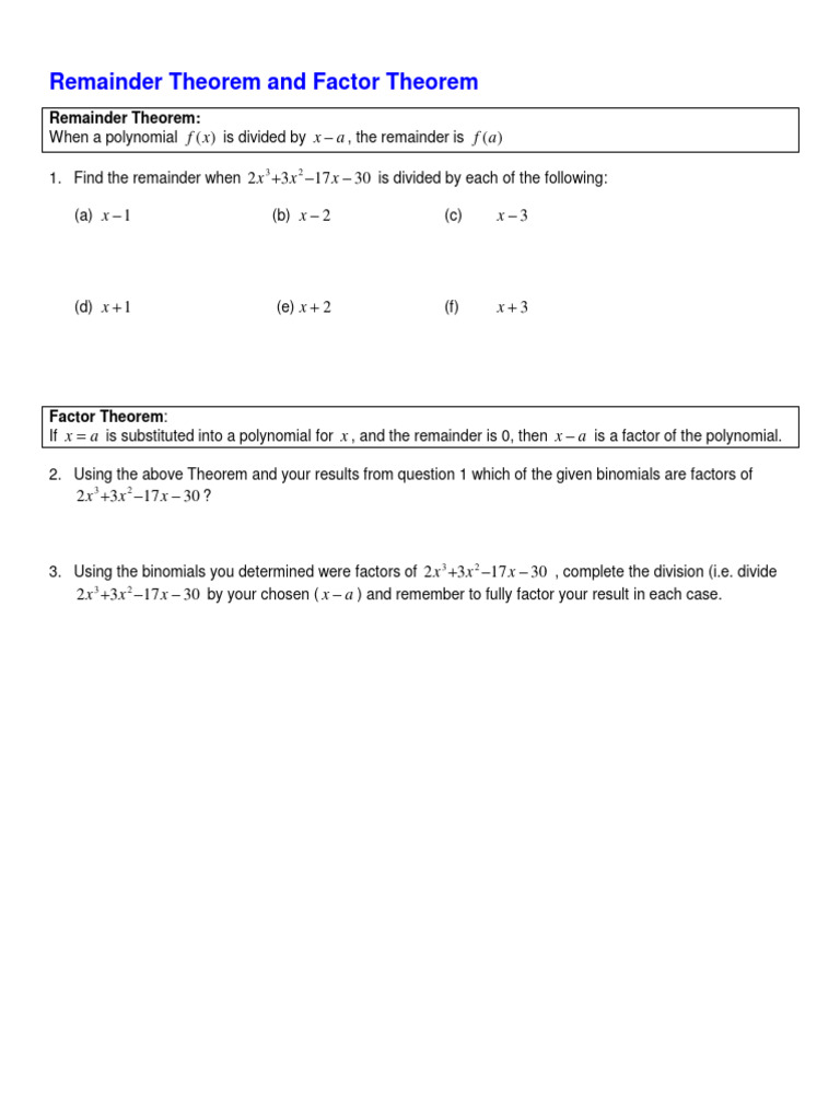 Polynomial Remainder Theorem Practice | PDF | Mathematical Analysis ...