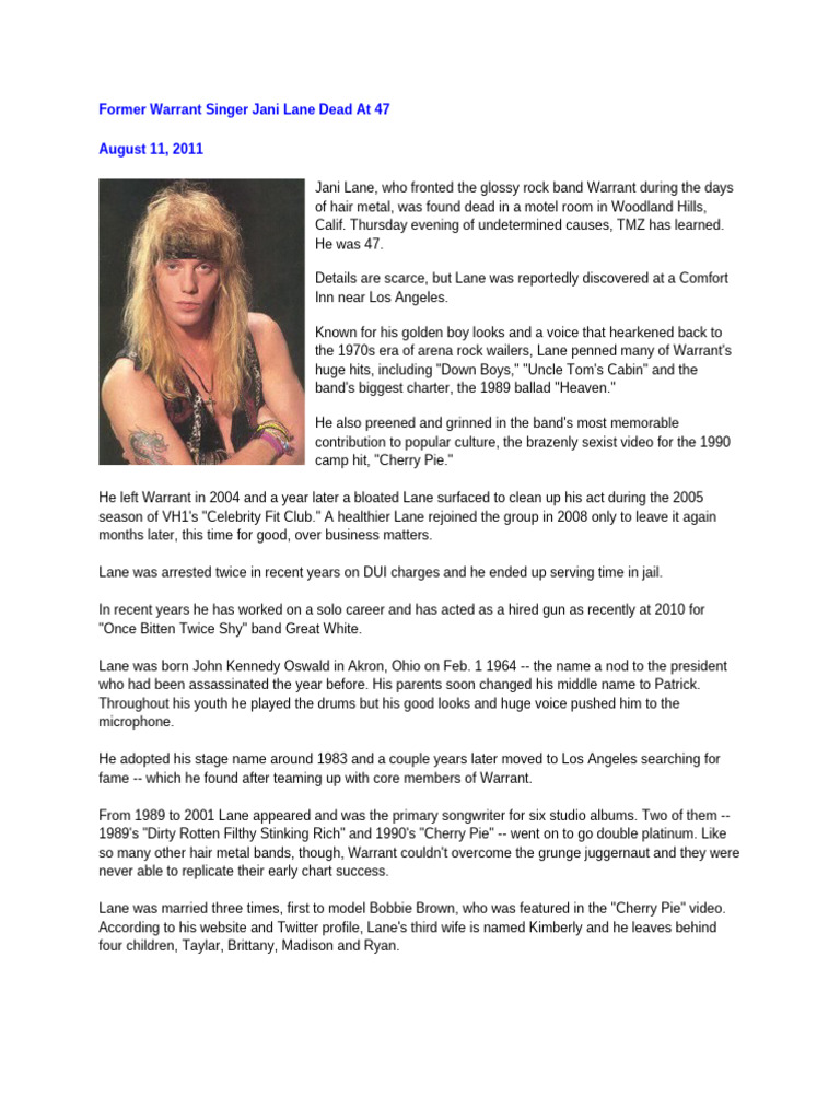 Former Warrant Singer Jani Lane Dead at 47 | PDF | Rock Music | Sound ...