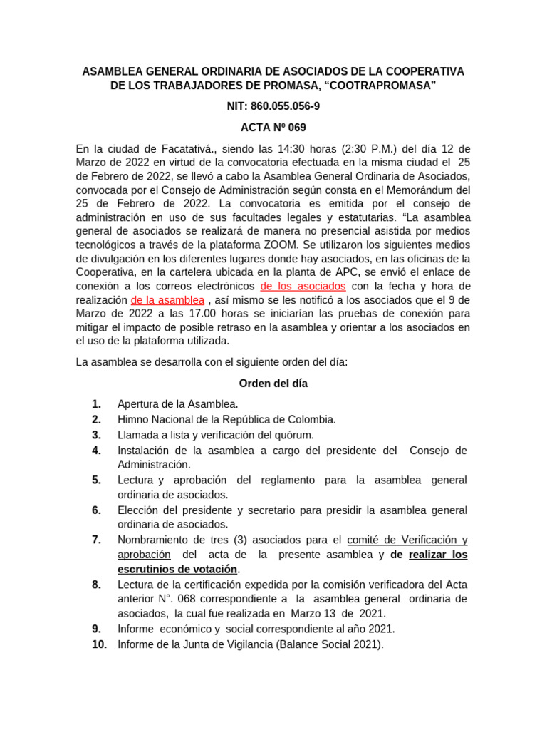 ACTA 069 Corregida para Firmas | PDF | Auditoría | Cooperativa